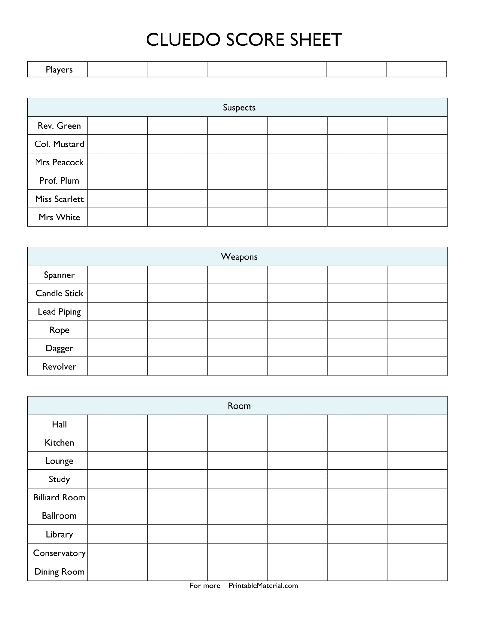 Outsmart your opponents to uncover the truth free printable Cluedo Score Sheets